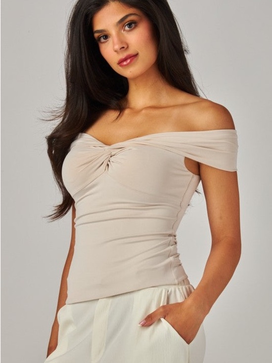 Tops | Offshoulder Twist Front Womens Top In Beige | Poshmark
